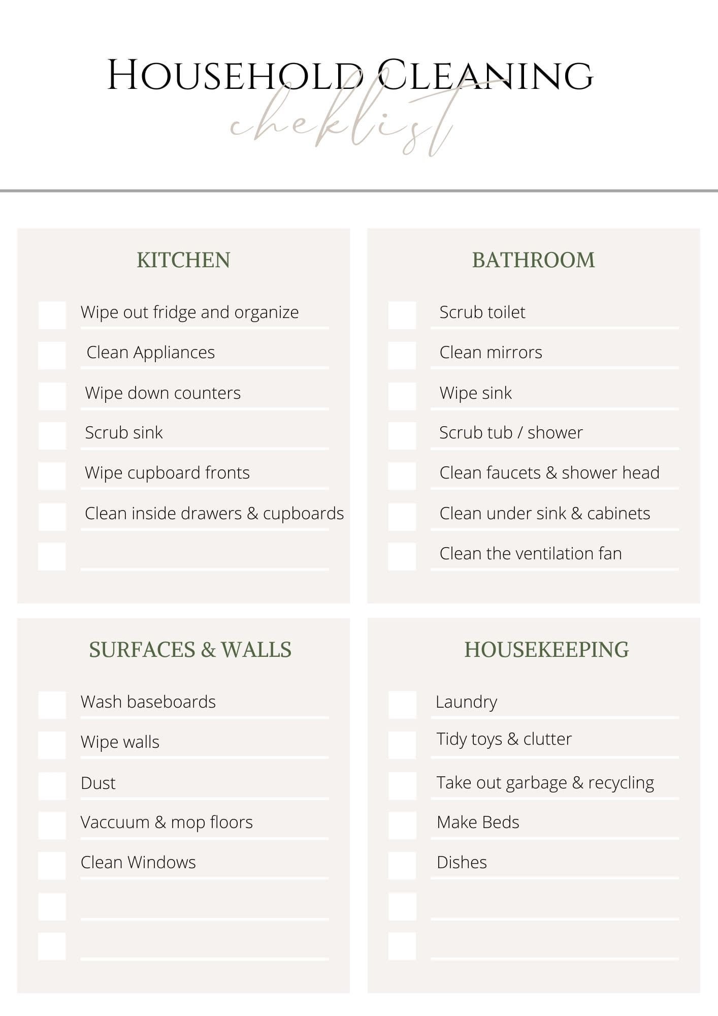 Free Printable Cleaning Charts - The Ginger Home